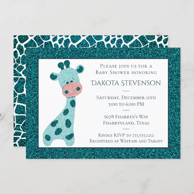 Turquoise Teal Giraffe Modern Glitter Baby Shower Invitation | Zazzle
