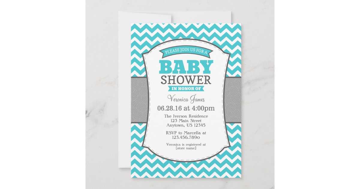 Turquoise Teal Gray Chevron Baby Shower Invitation | Zazzle