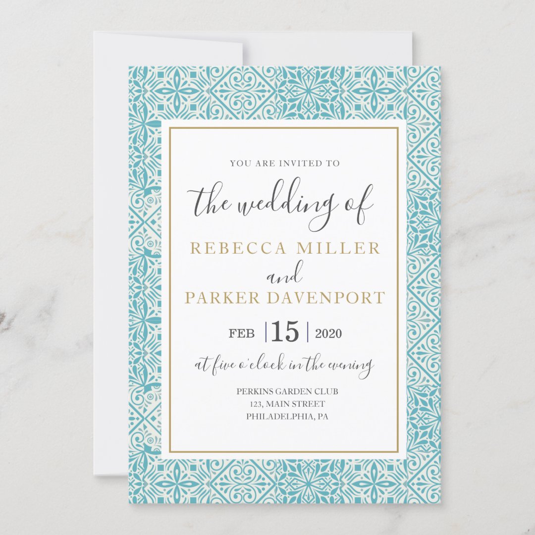 Turquoise Tiles and gold Wedding invitation | Zazzle