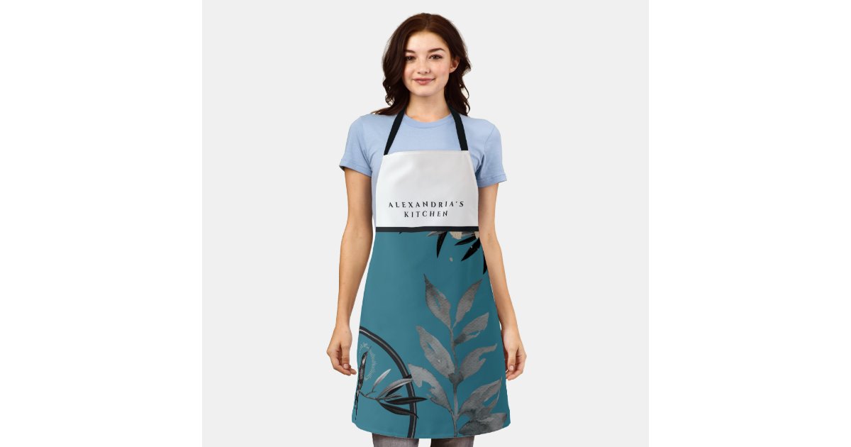 Turquoise Watercolor Black & White Bib Custom Name Apron | Zazzle