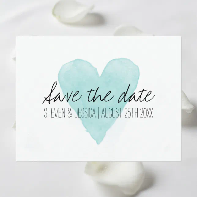 Turquoise watercolor heart save the date postcards | Zazzle