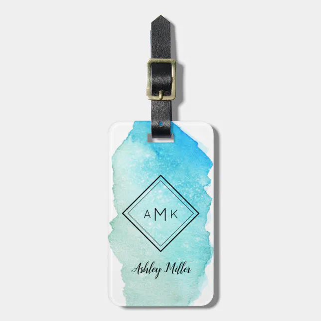 Turquoise Watercolor Monogram Luggage Tag | Zazzle