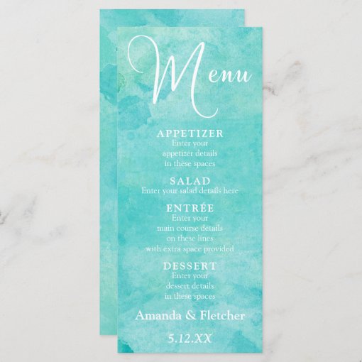 Turquoise Watercolor Typography Wedding Menu | Zazzle