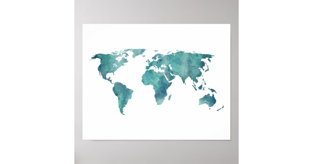 Turquoise Watercolor World Map Poster | Zazzle