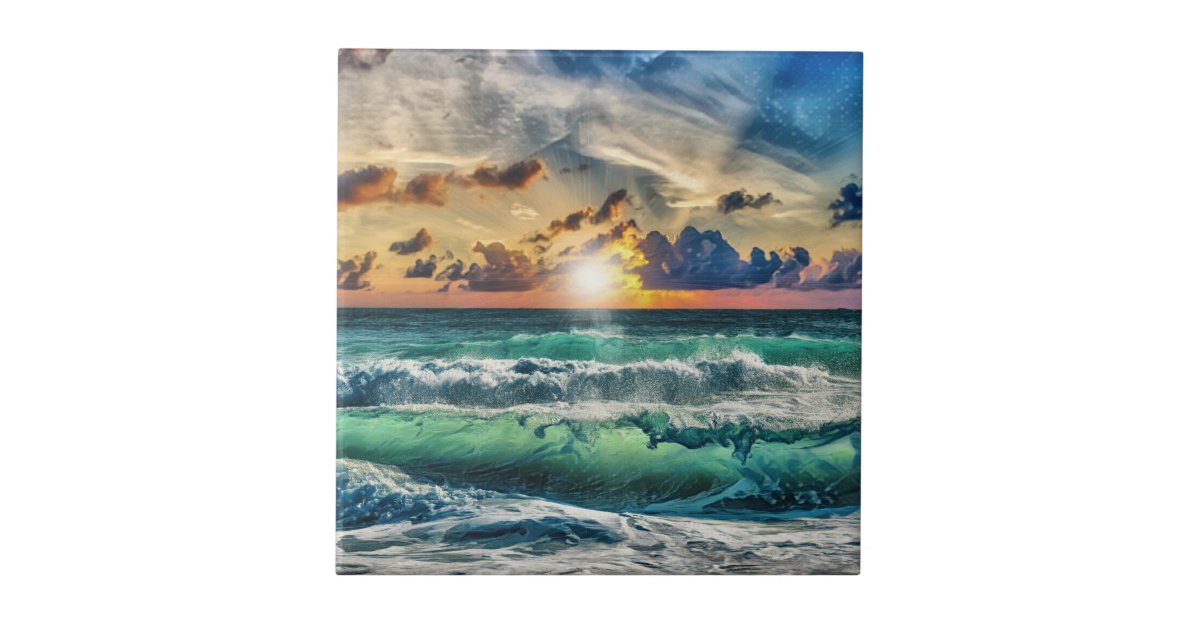 Turquoise Waves At Sunset Ceramic Tile | Zazzle