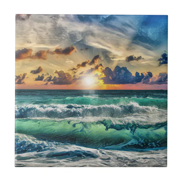 Turquoise Waves At Sunset Ceramic Tile | Zazzle