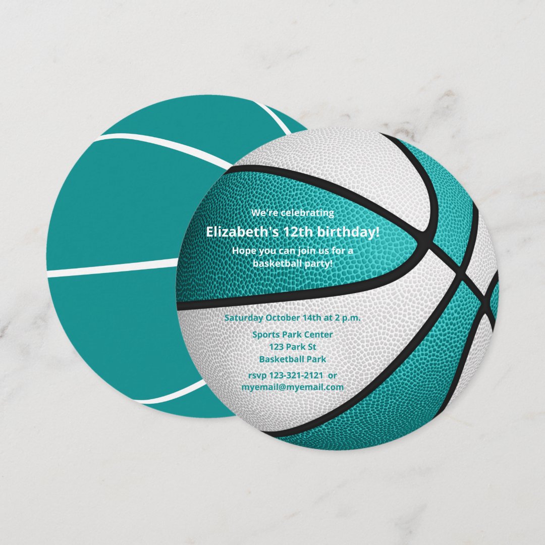 turquoise white basketball birthday party announcement | Zazzle