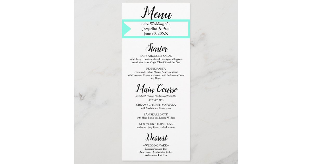 Turquoise White Monogram Wedding Menu | Zazzle