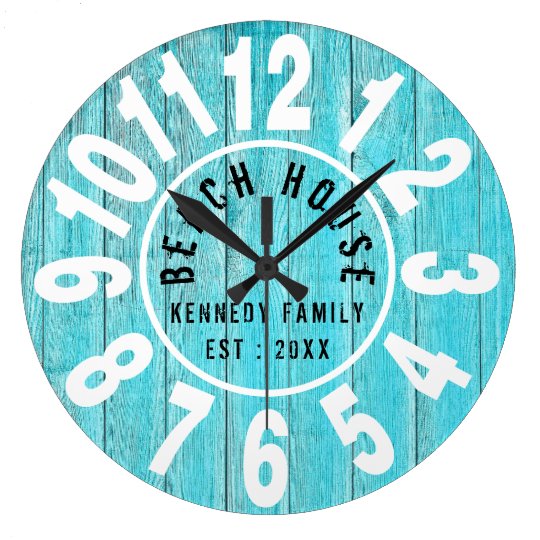 Turquoise Wood Beach House Black Big Numbers Large Clock | Zazzle.com