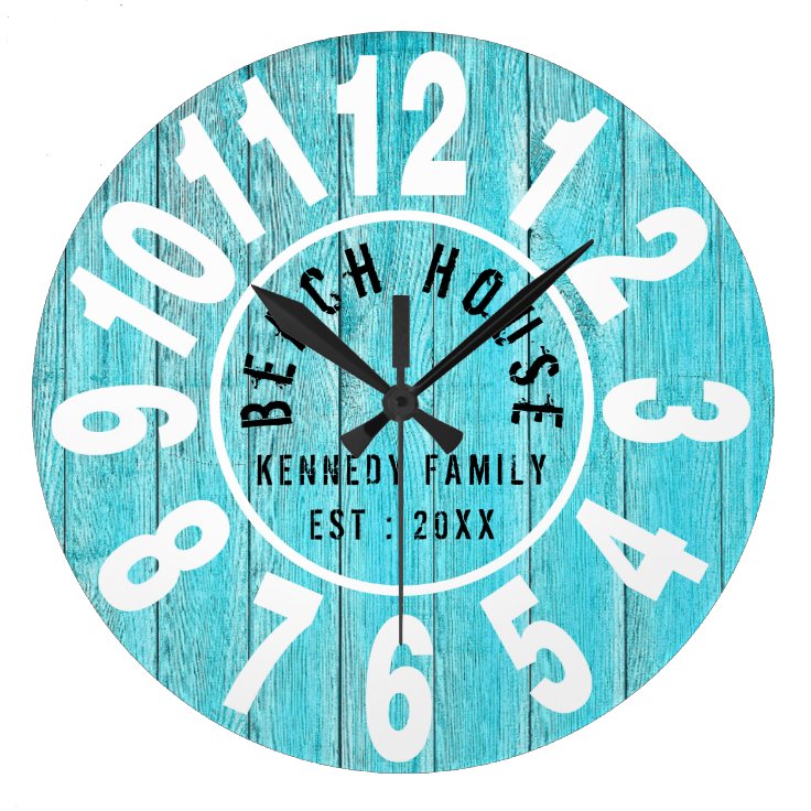Turquoise Wood Beach House Black Big Numbers Large Clock | Zazzle