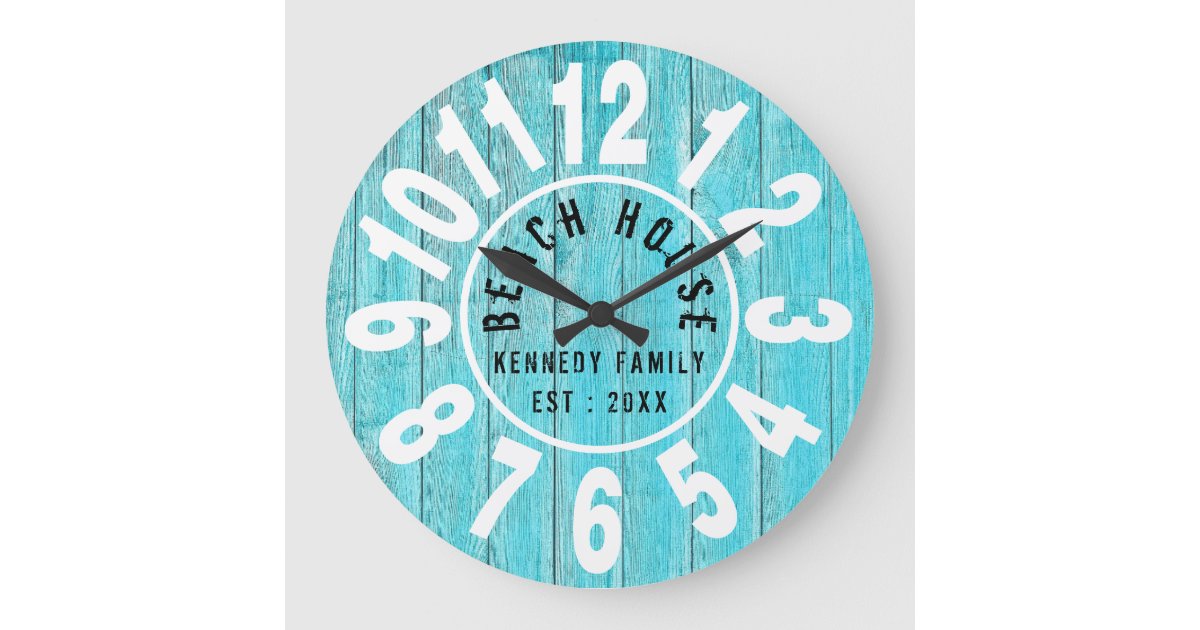 Turquoise Wood Beach House Black Big Numbers Large Clock | Zazzle