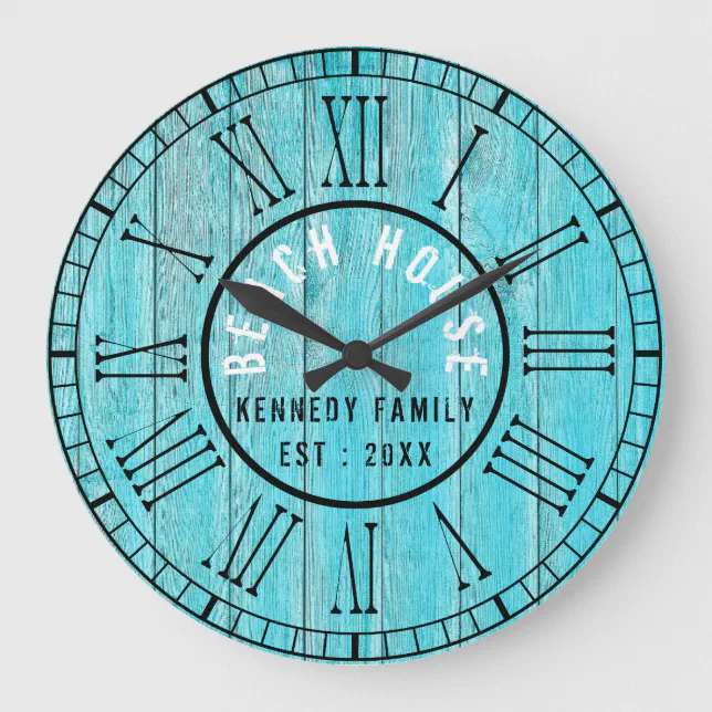 Turquoise Wood Beach House Black Roman Numeral Large Clock | Zazzle