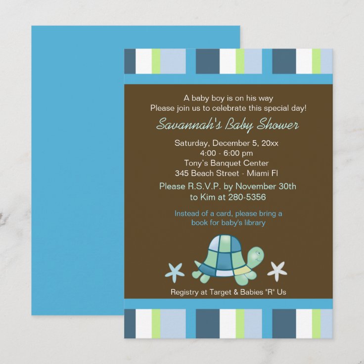 Turtle Bay Stripes Boy Baby Shower Invitation | Zazzle