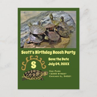 Turtle Cartoon Birthday Beach Party Photo Invitation Postcard | Zazzle