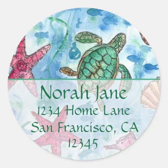 Turtle Sea Creatures Blue Return Address Classic Round Sticker | Zazzle
