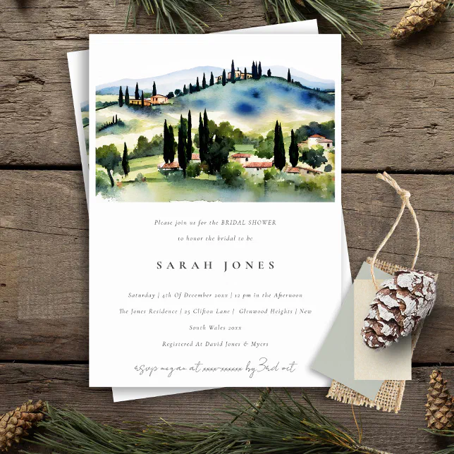 Tuscany Italy Watercolor Landscape Bridal Shower Invitation | Zazzle