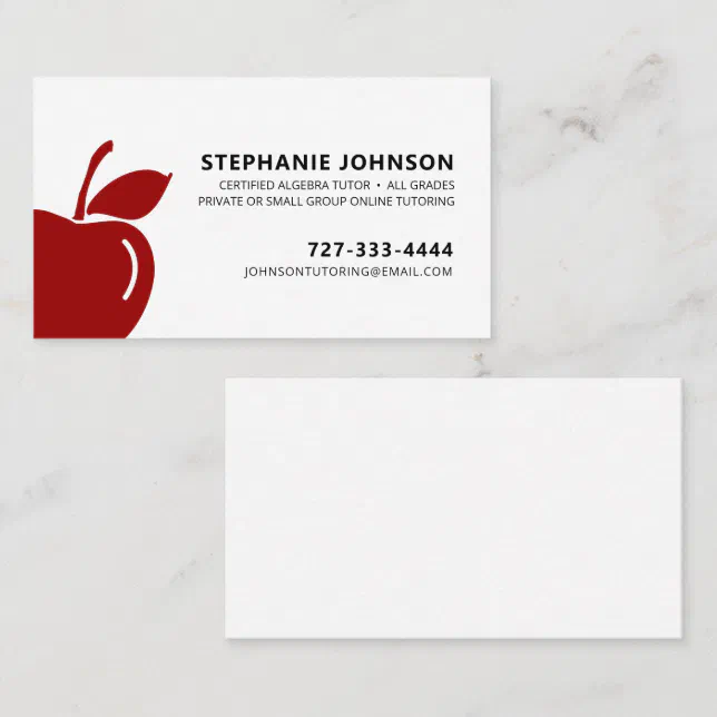 Tutor Teacher Ruby Red Apple Logo Black Text Business Card | Zazzle