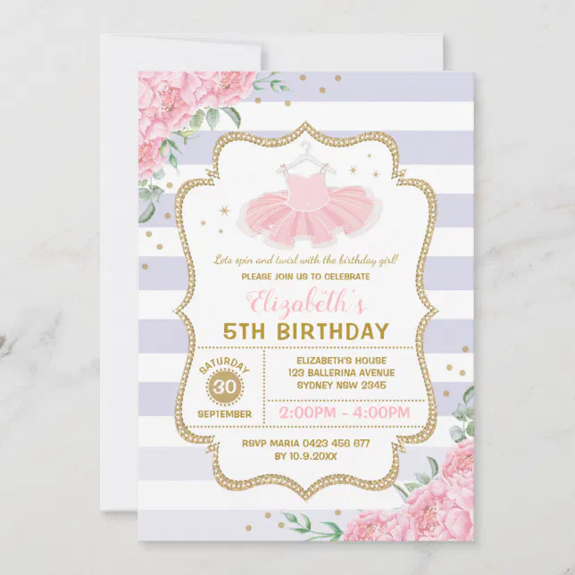 Tutu Ballerina Purple Pink Gold Floral Birthday Invitation | Zazzle