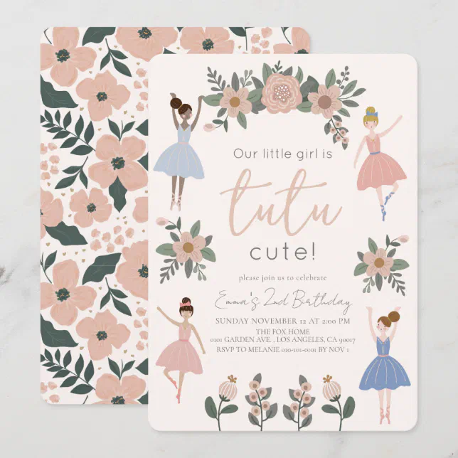 Tutu Cute Ballerina Floral Girl 2nd Birthday Invitation | Zazzle