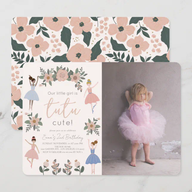 Tutu Cute Ballerina Floral Girl Photo 2nd Birthday Invitation | Zazzle