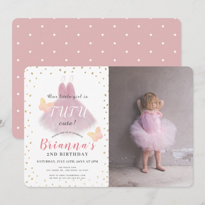 Tutu Cute Ballerina Pink & Whit Photo 2nd Birthday Invitation | Zazzle.com