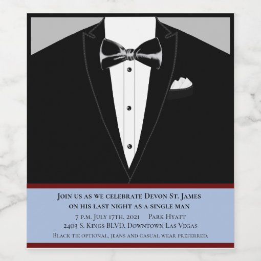 Tuxedo bachelor party invitation labels | Zazzle