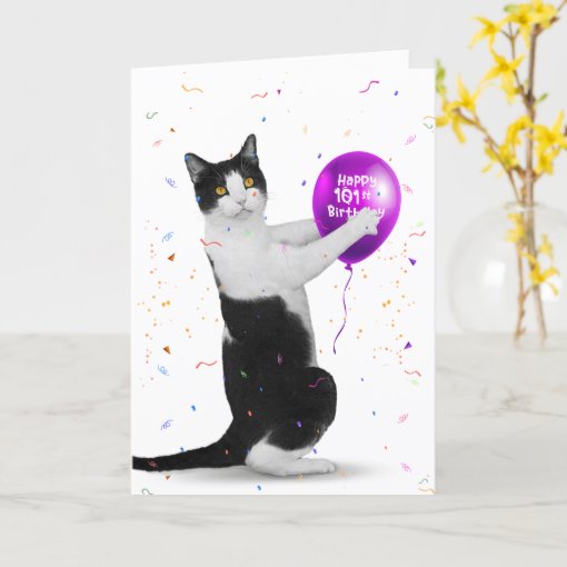 Tuxedo Cat 101st Birthday Balloon Card | Zazzle