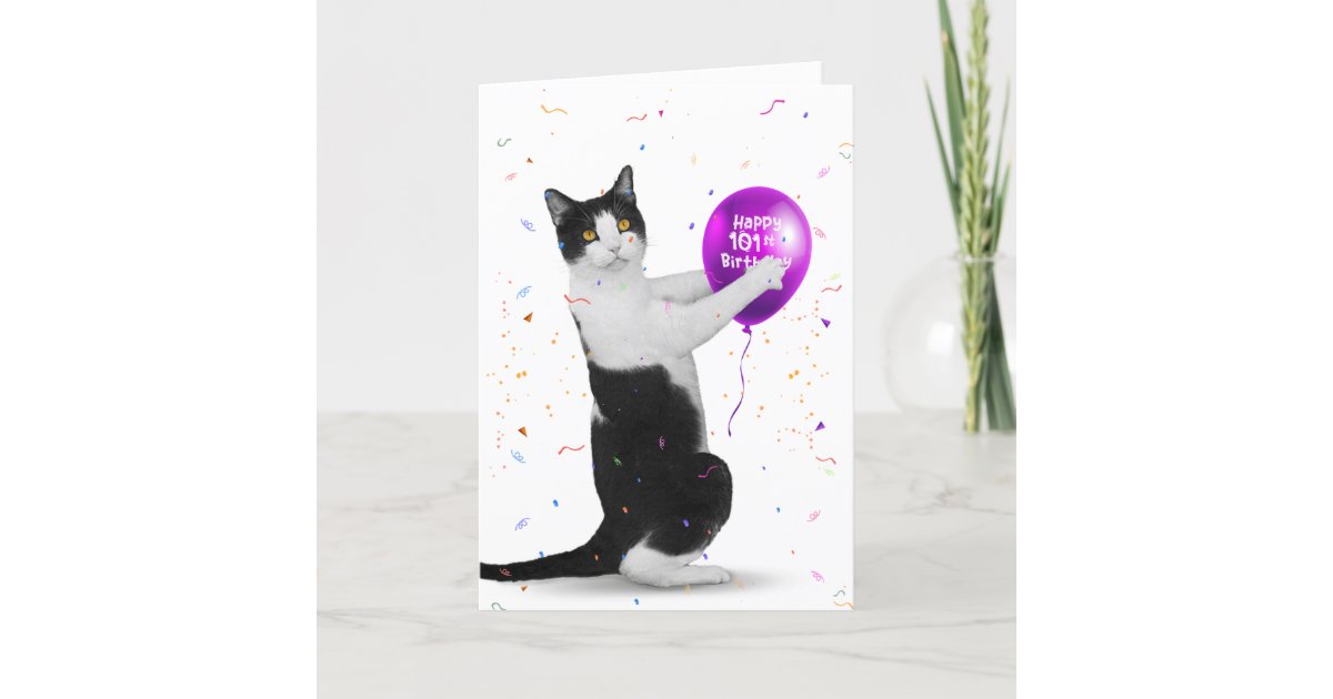Tuxedo Cat 101st Birthday Balloon Card | Zazzle