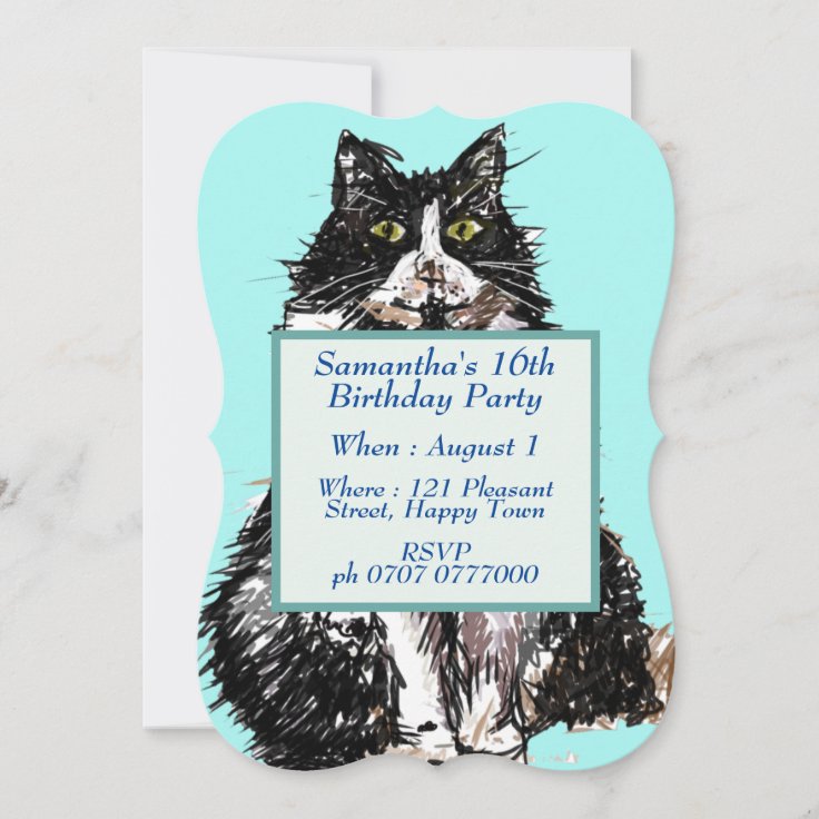 Tuxedo Cat Black White Cute Cats 16th Birthday Invitation | Zazzle
