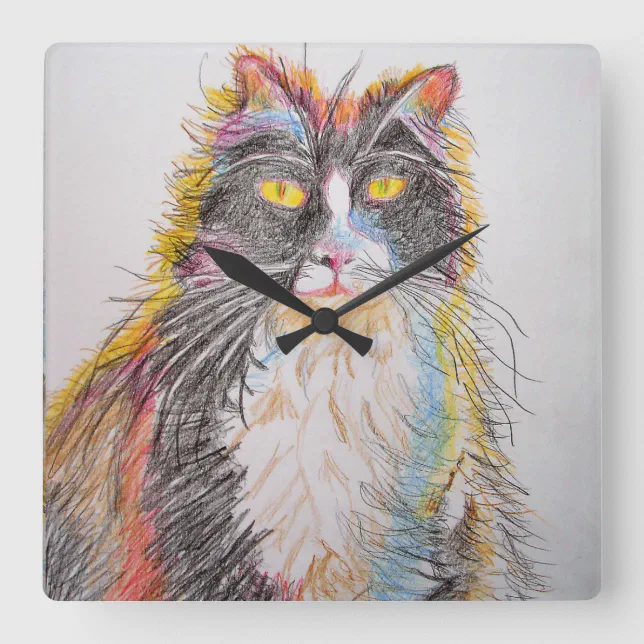Tuxedo Cat Drawing illustration Art Wall Clock | Zazzle