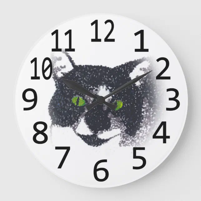 Tuxedo Cat Face Head Pointillism Wall Clocks | Zazzle