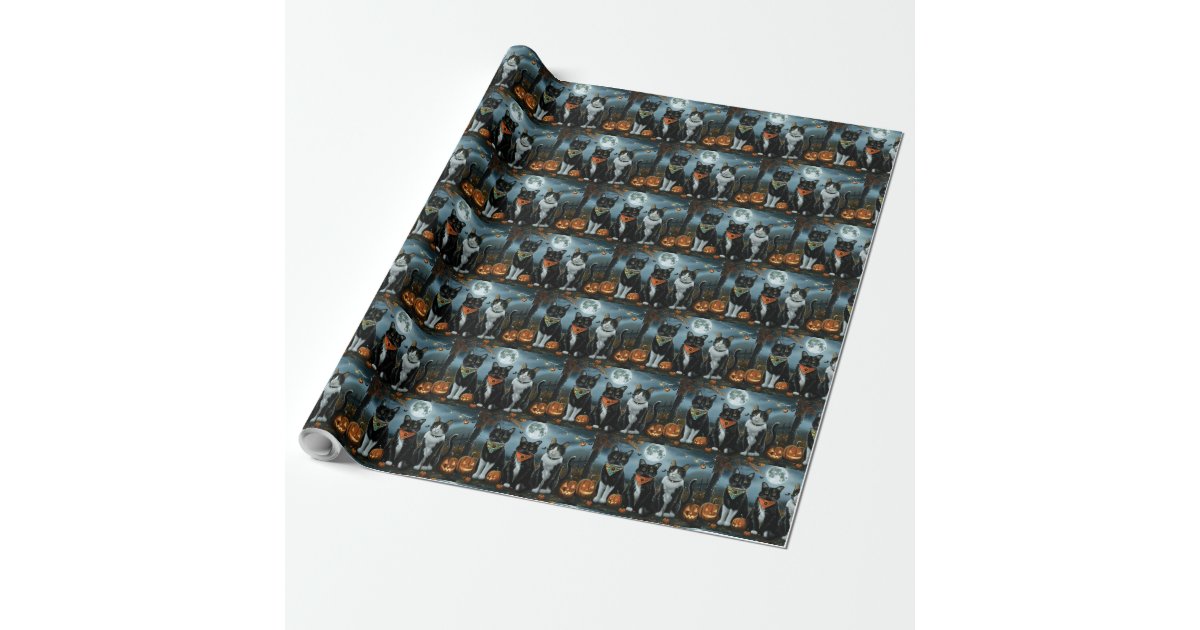 Tuxedo Cat Halloween Spooky Wrapping Paper | Zazzle