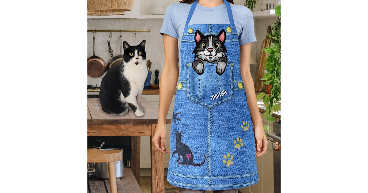 Tuxedo Cat in Faux Denim Pocket with Custom Name Apron | Zazzle