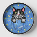 Tuxedo Cat in Faux Denim Pocket with Custom Name Clock | Zazzle