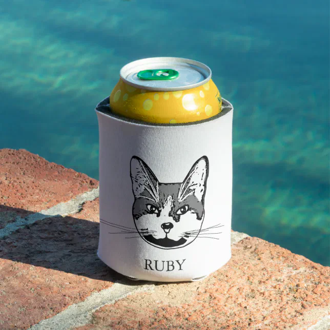 Tuxedo Cat Personalized Hand Drawing Can Cooler | Zazzle