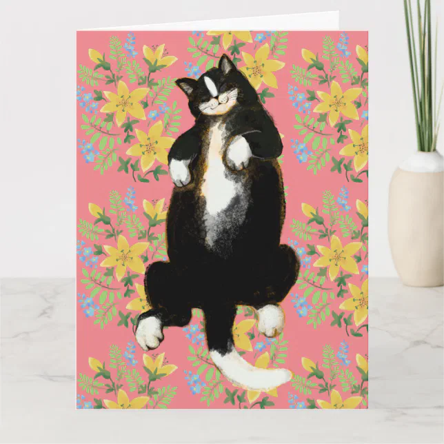 Tuxedo cat Sleeping on floral bed Card | Zazzle