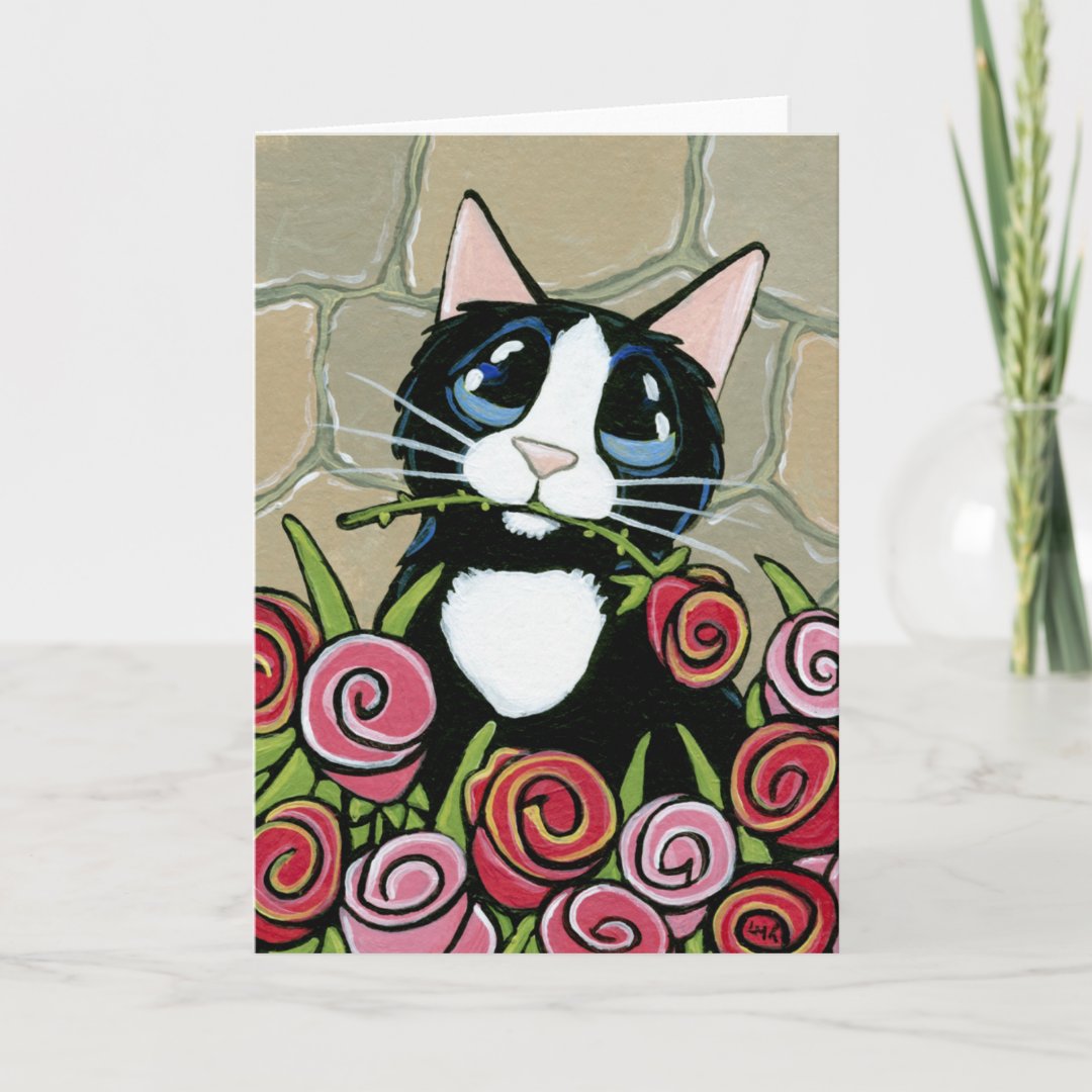 Tuxedo Cat with Red & Pink Roses Greeting Card | Zazzle