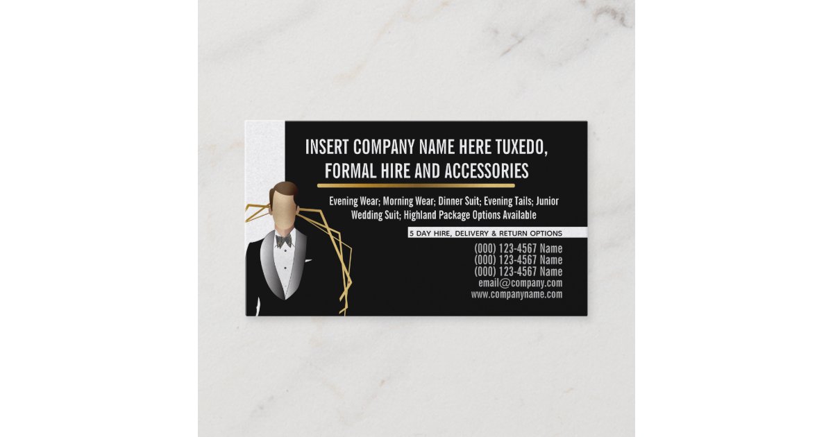 Tuxedo man modern gold black suit hire business business card | Zazzle