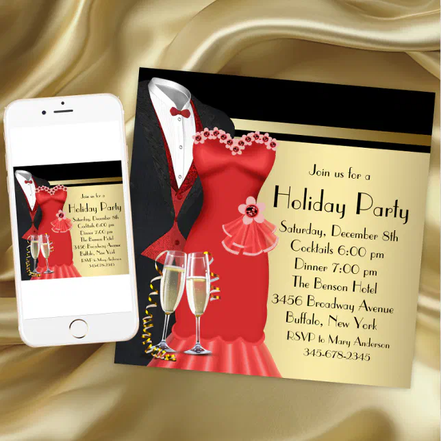 Tuxedo Red Dress Elegant Christmas Invitation | Zazzle