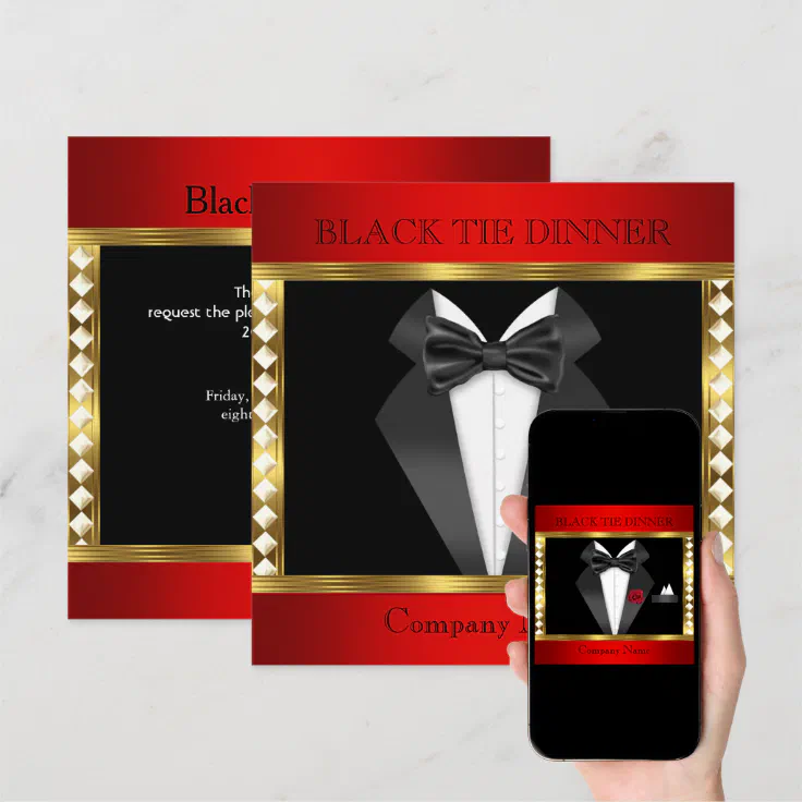 Tuxedo Red Gold Black Tie Formal Party Invitation | Zazzle