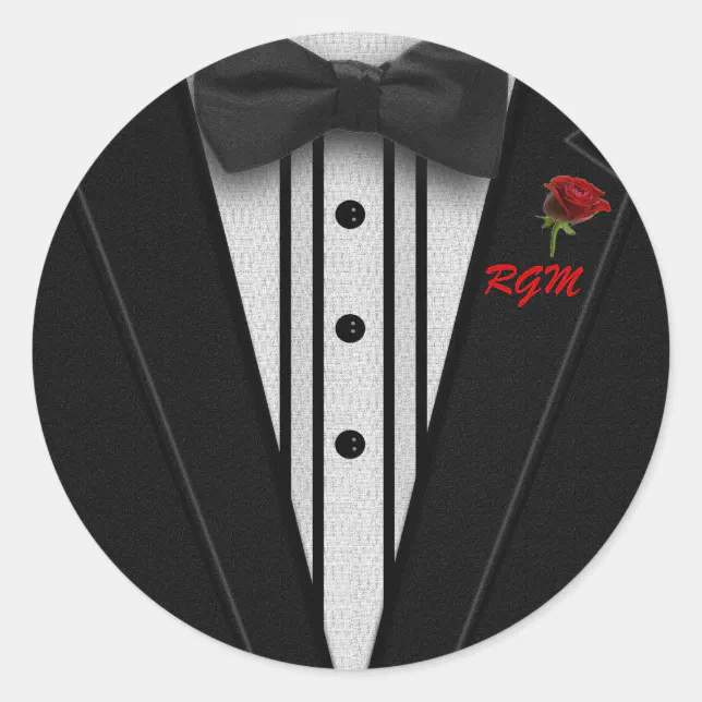 Tuxedo with Bow Tie Monogram Classic Round Sticker | Zazzle