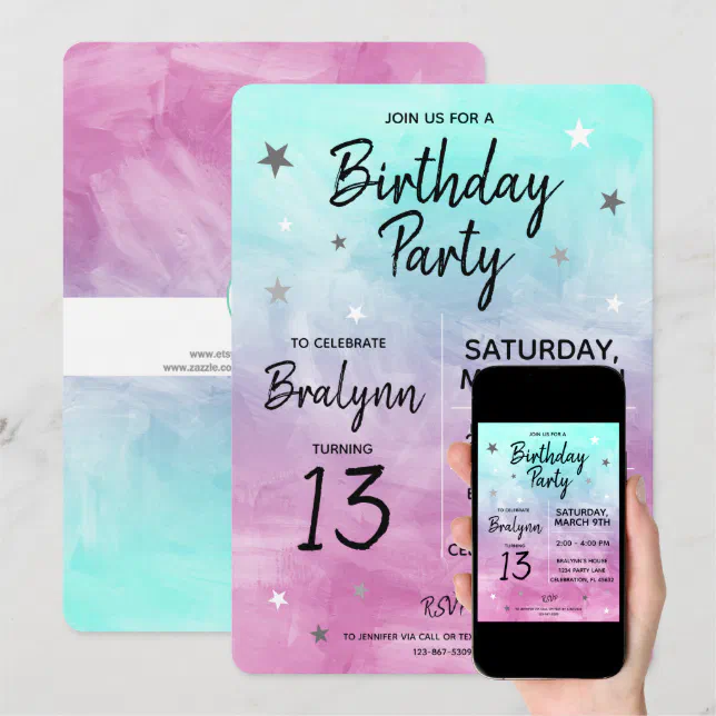 Tween Girl Birthday Party Watercolor Design Invitation | Zazzle
