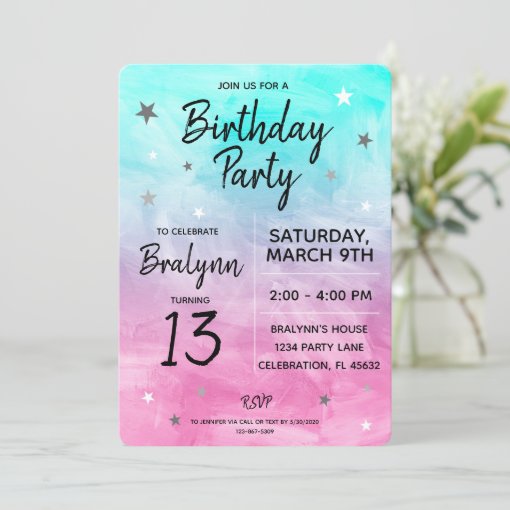 Tween Girl Birthday Party Watercolor Design Invitation | Zazzle
