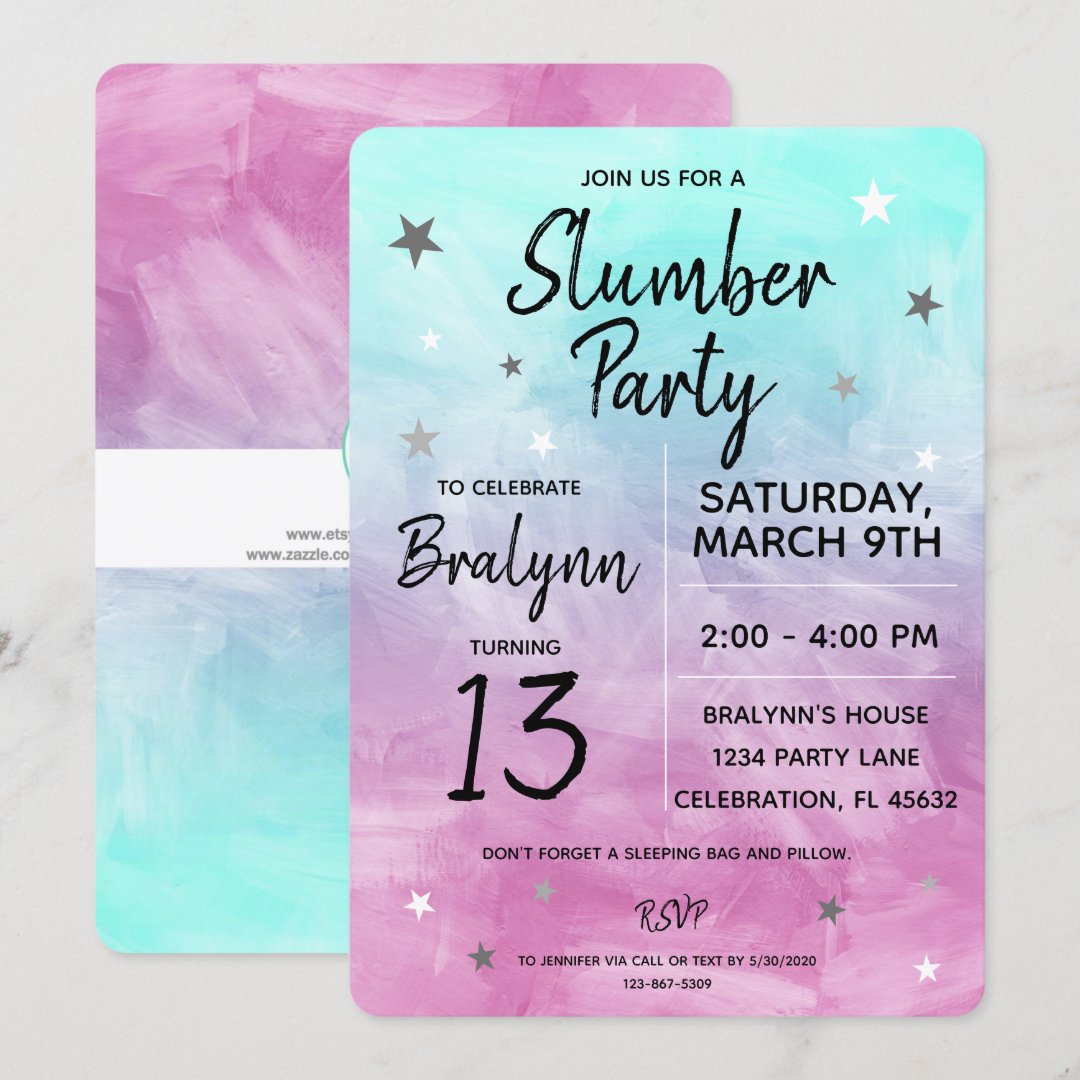 Tween Girl Birthday Slumber Party Watercolor Invitation | Zazzle