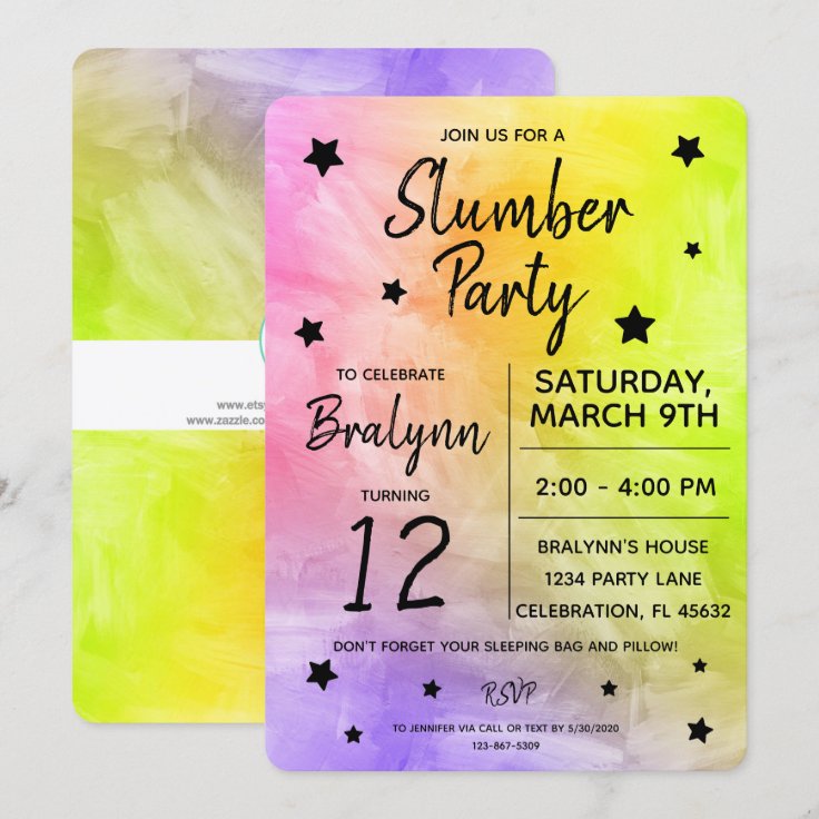 Tween Girl Birthday Slumber Party Watercolor Invitation | Zazzle