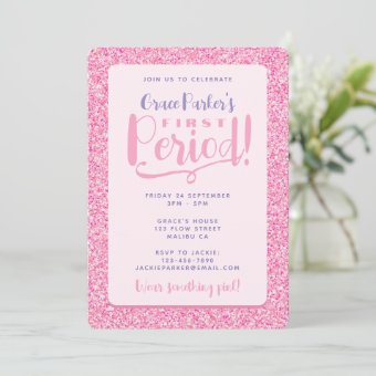 Tween Pink Glitter Cute Girly First Period Party Invitation | Zazzle