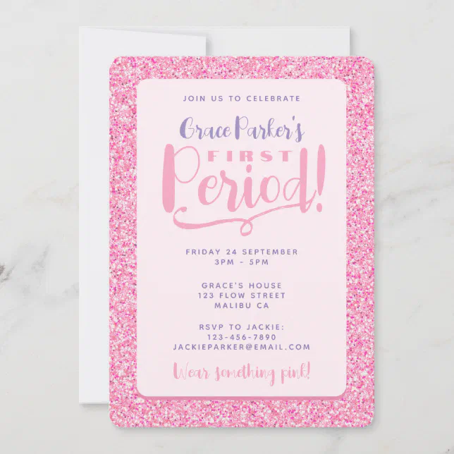 Tween Pink Glitter Cute Girly First Period Party Invitation | Zazzle