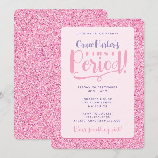 Tween Pink Glitter Cute Girly First Period Party Invitation | Zazzle