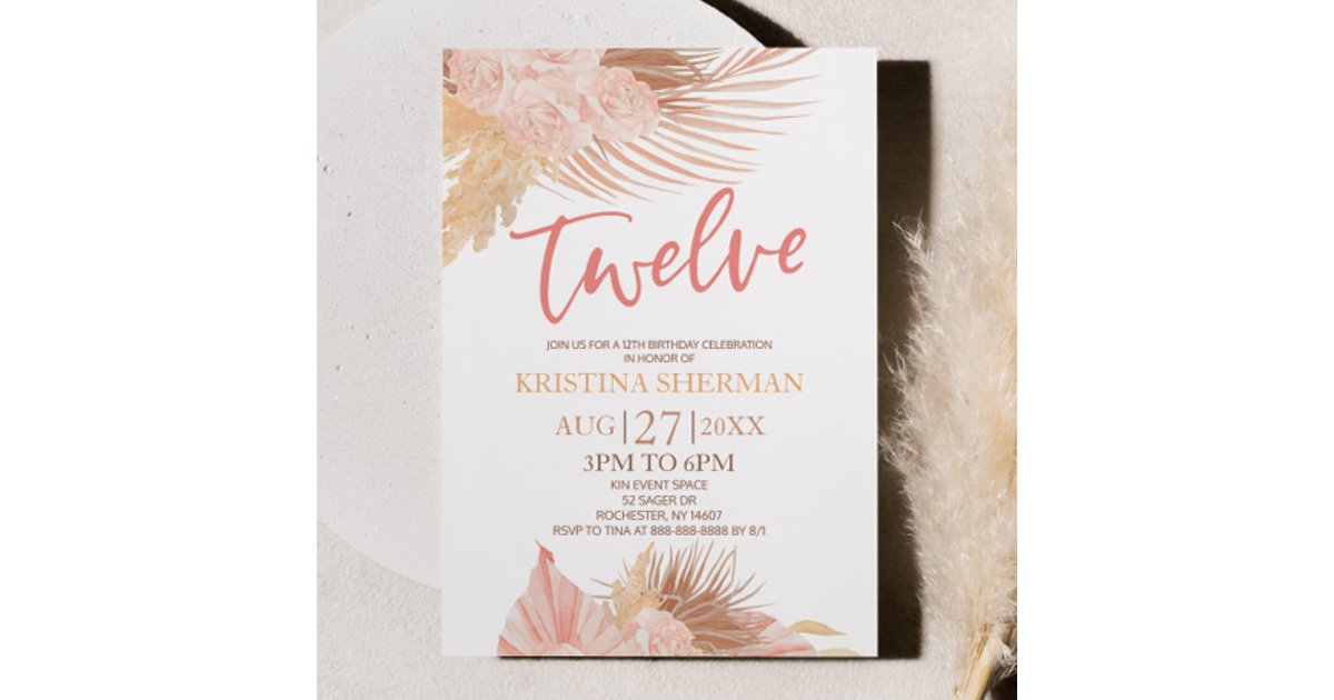 Twelve Boho Pink Floral 12th Birthday Party Invitation | Zazzle