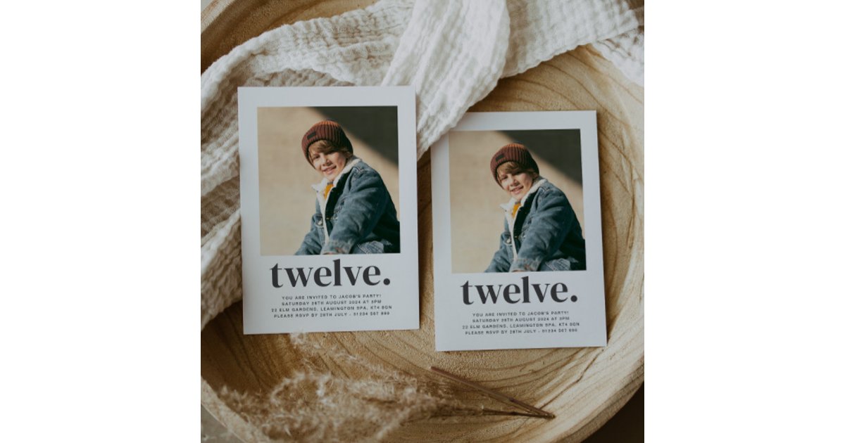 Twelve Square Photo First Birthday Invitation | Zazzle